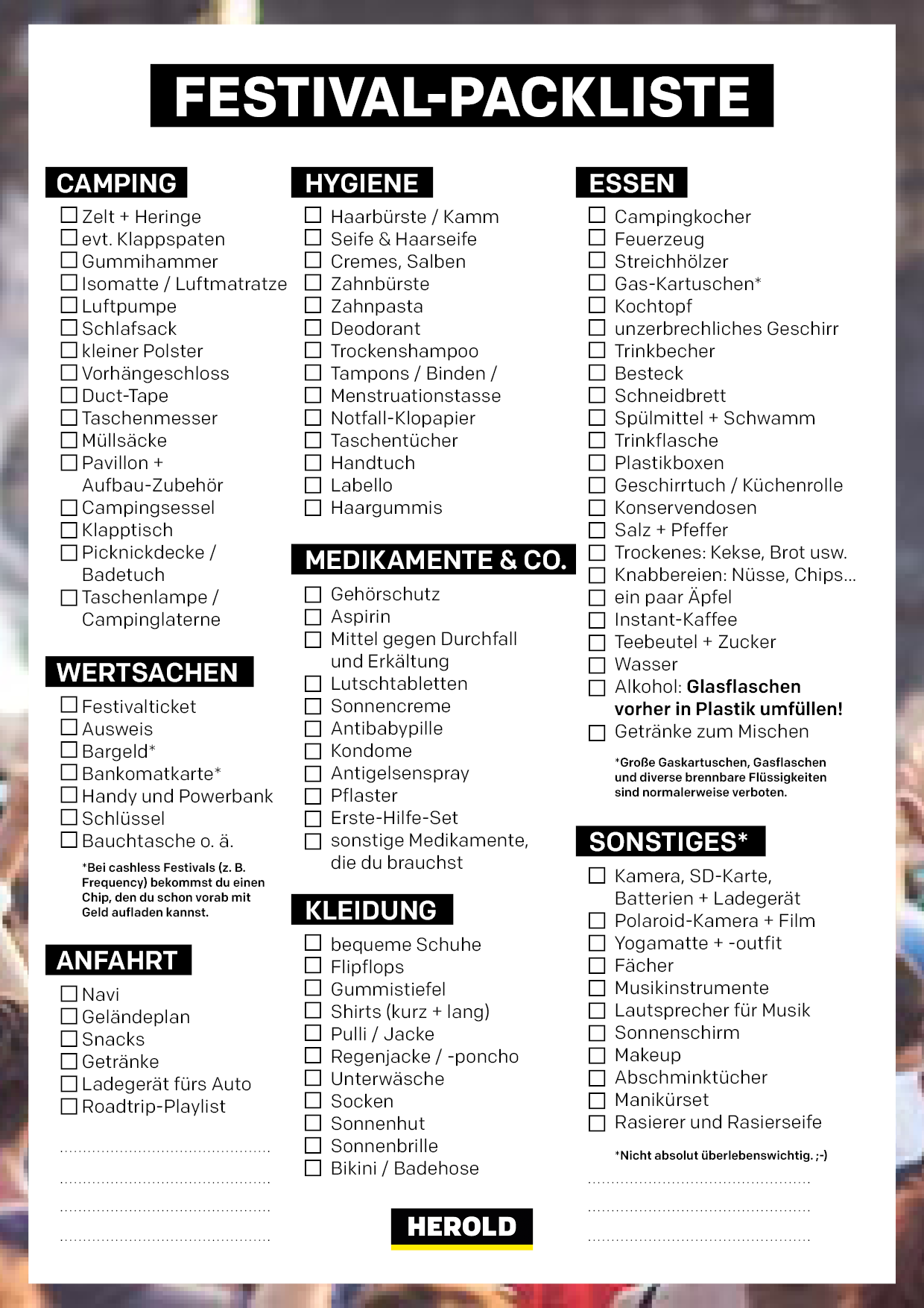 Festival-Packliste: Liste zum Download für Frequency & Co.